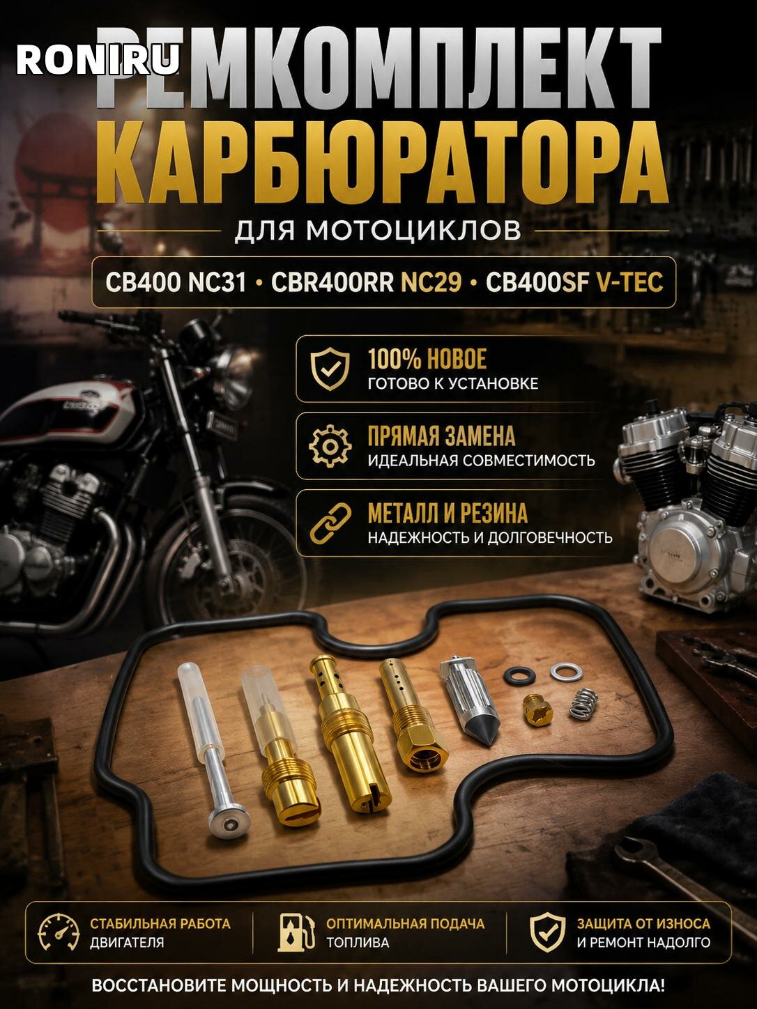 Ремкомплект карбюратора для CB400 NC31, CBR400RR NC29 и CB400SF V-TEC — 100% новое, прямая замена из металла и резины, надежная долговечность