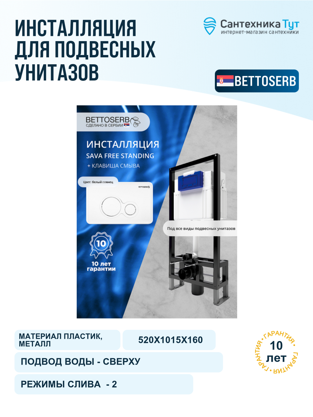 Инсталляция для унитаза Bettoserb Sava Free Standing SFS40006457 с бачком и белой кнопкой смыва