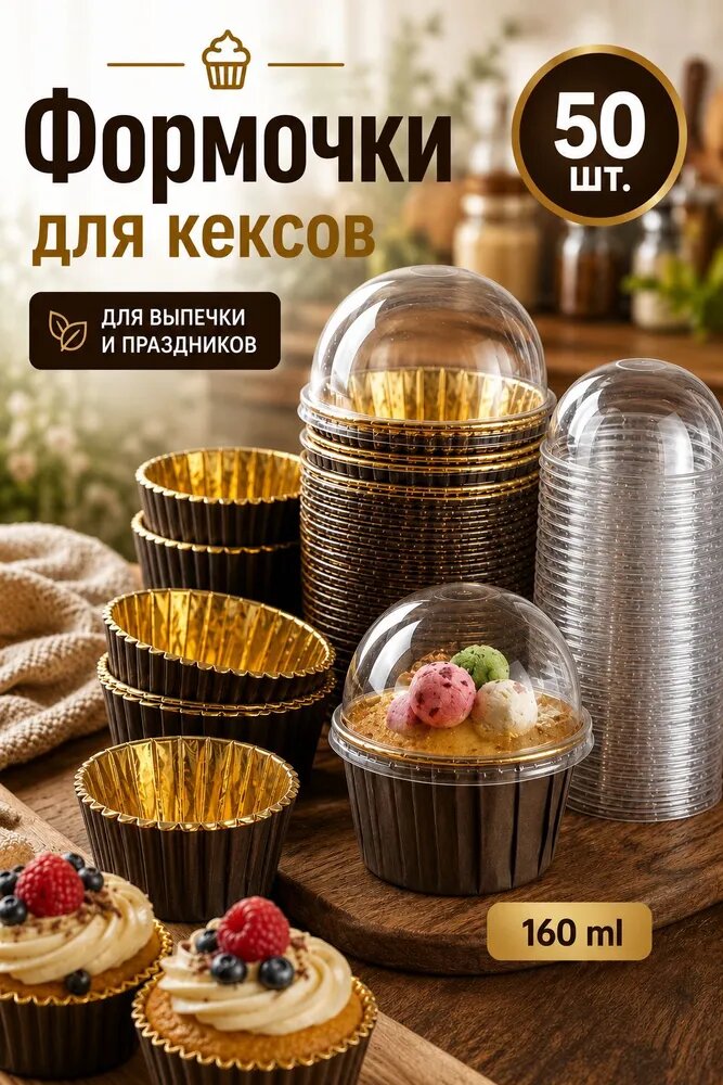 Форма для выпечки, Круглая, 6.8 см x 5 см, 50 шт, для кексов, фольга