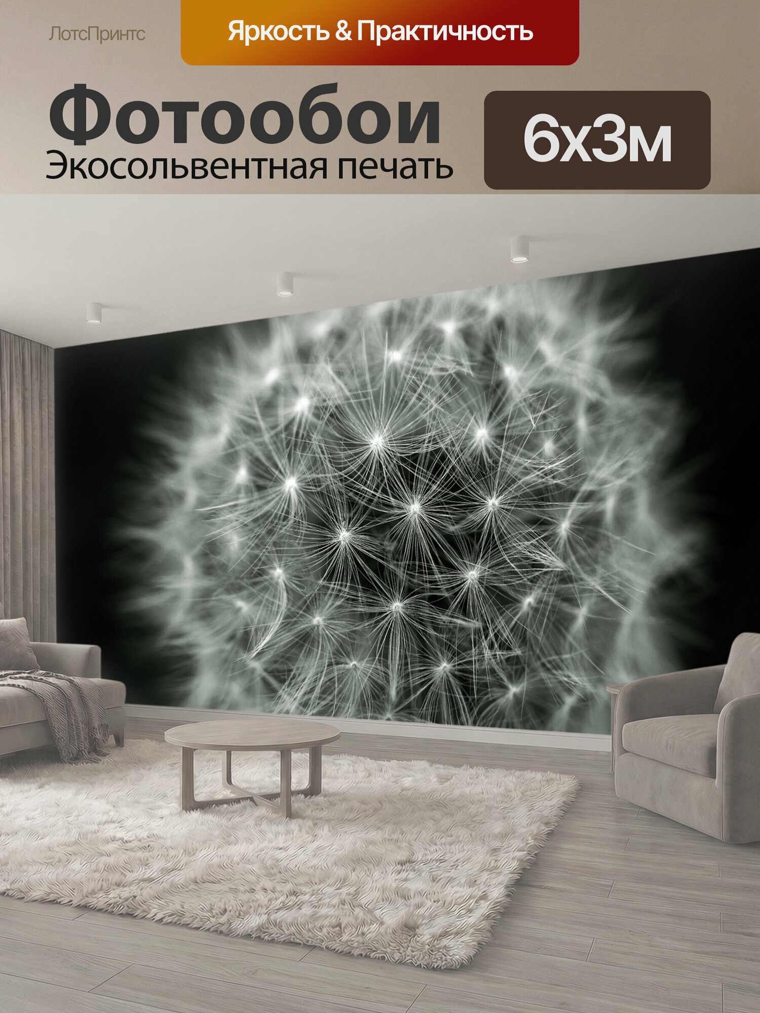 Фотообои "Одуванчик, одуванчики, световой эффект" 600x300 см. экосольвентная печать