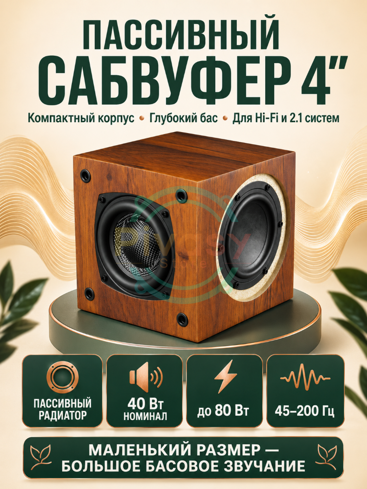 4-дюймовый пассивный сабвуфер, среднеквадратичная мощность 40 Вт, пиковая мощность 80 Вт, 45-200 Гц для системы 2.1