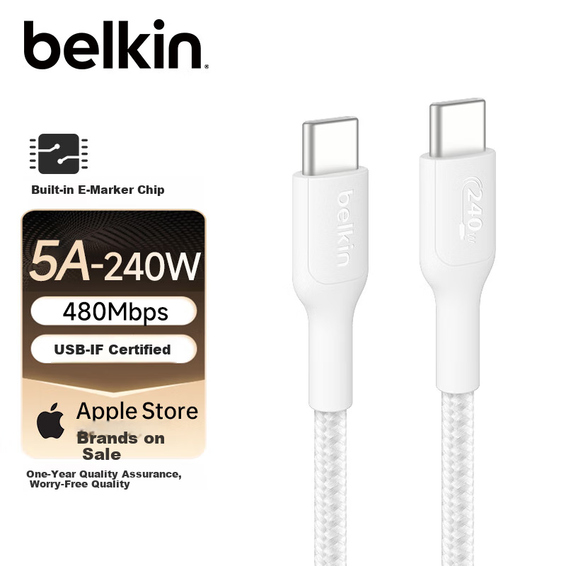 Кабель Belkin Dual Type-C 240 Вт быстрой зарядки CtoC для MacBook 480 Мбит/с передачи 1 м плетеный белый Длина：1