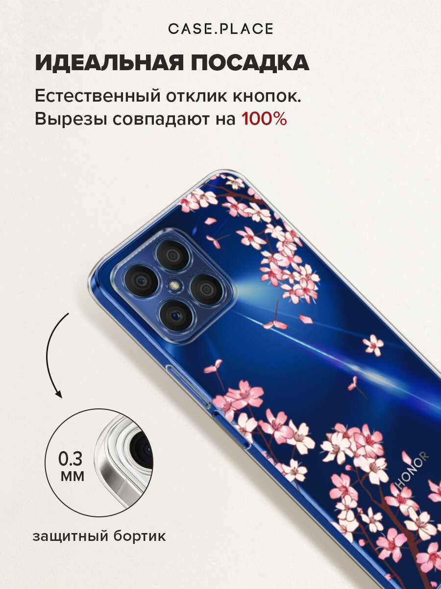 Чехол на Honor X8 / Хуавей X8 с принтом "Ветви сакуры 1", прозрачный — фото 1