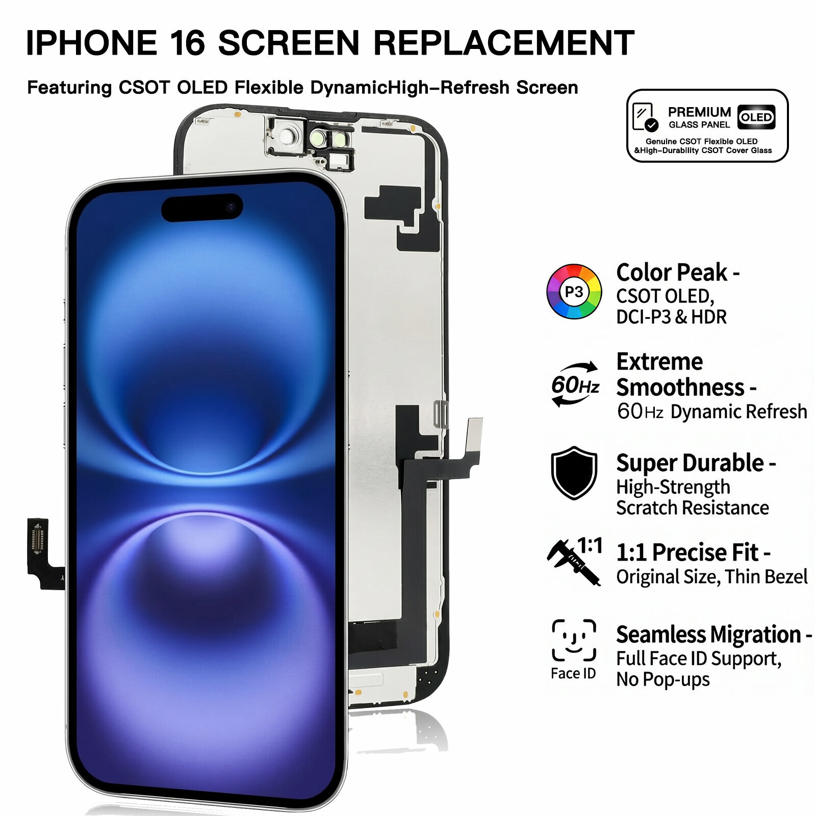 Гибкий OLED-экран-замена для iPhone 16: 60 Гц, рамки 0.9 мм, высший китайский класс