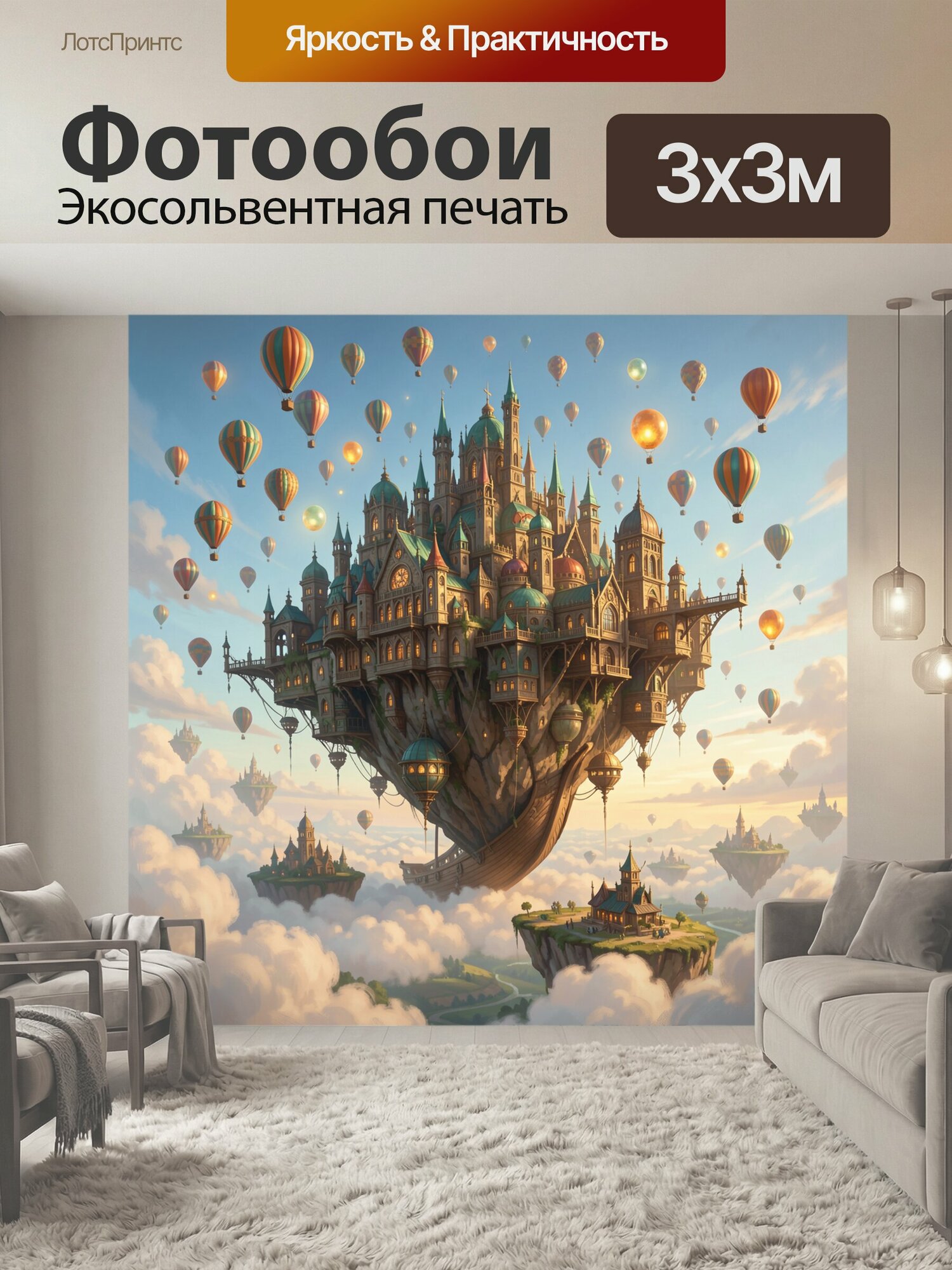 Фотообои "Летающий замок в облаках. Фантазийный сказочный город на парящей скале с башнями и куполами, вокруг множество воздушных шаров." 300x300 см. экосольвентная печать