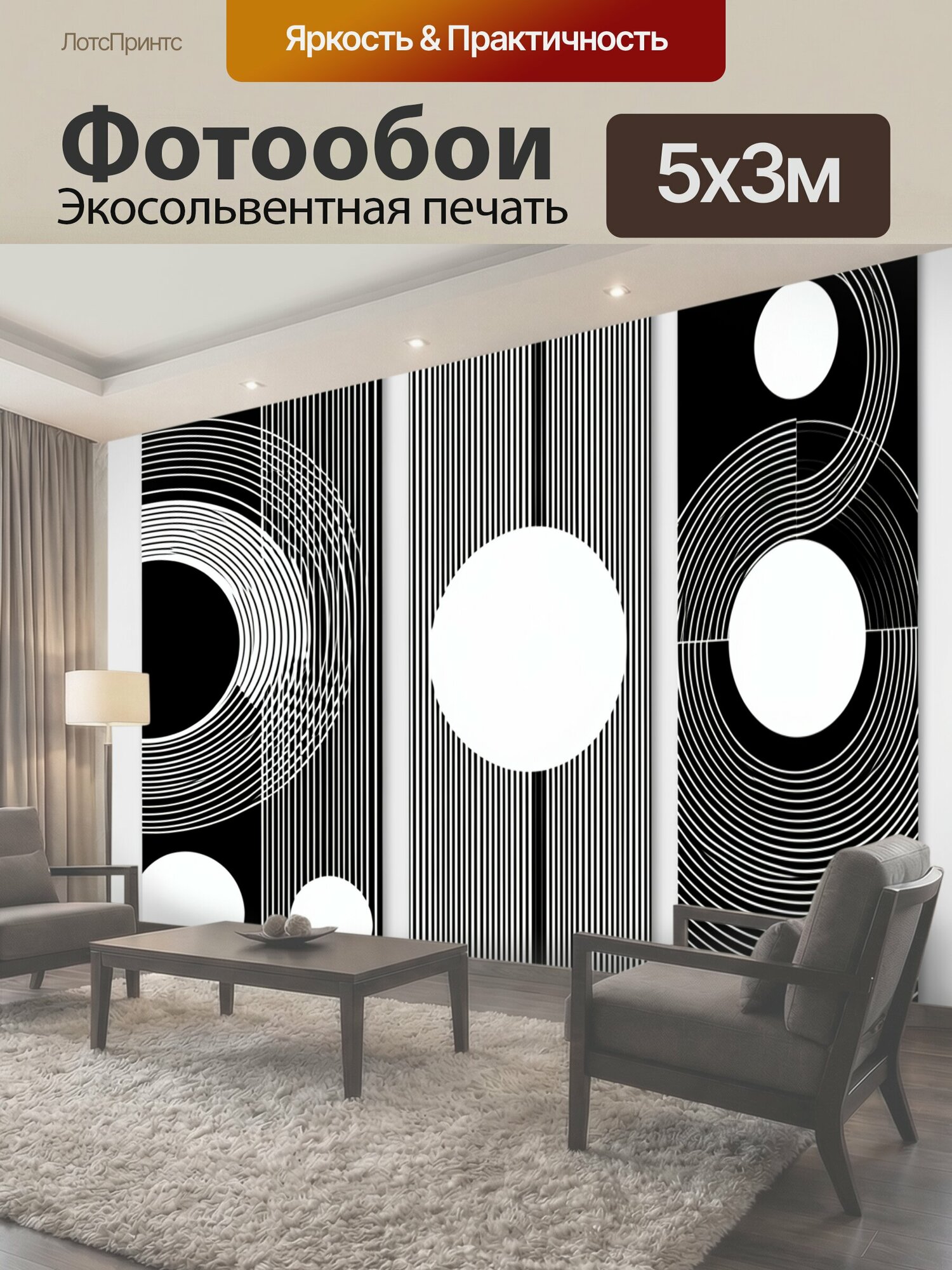 Фотообои "Абстрактная геометрия с кругами. Черно-белая минималистичная композиция с тонкими полосами, концентрическими дугами и круглыми." 500x300 см. экосольвентная печать