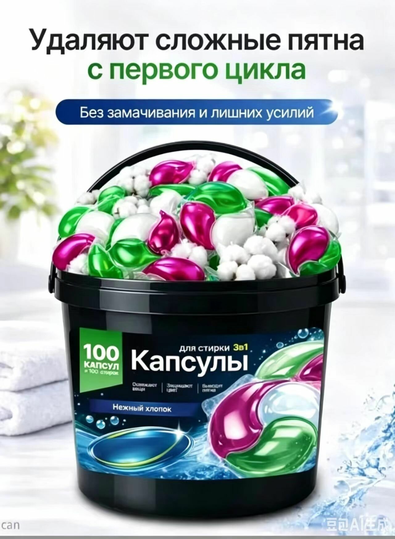 Капсулы для стирки белья , 3в1, Нежный хлопок, 100 штук, с кондиционером