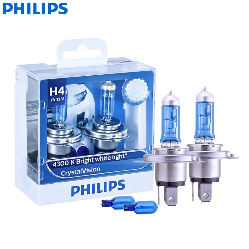 Philips Crystal Vision 9003 HB2 H4 12 В 60/55 Вт P43t 12342CVSM 4300 К Ярко-белый автомобильный галогенный головной фонарь дальнего/ближнего света (двойной пакет)