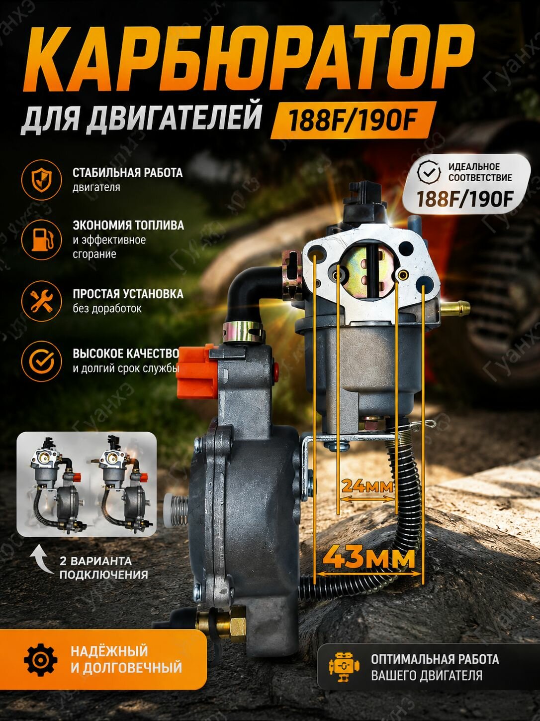 Карбюратор газ-бензин для двигателей 168F/170F (GX160/GX200); двухтопливный, для генераторов, мотоблоков и мотопомп 1.5-3.5 кВт, экономия топлива.