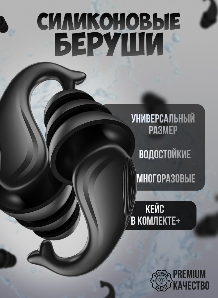 Беруши, многоразовые, силиконовые, черные, в кейсе, для плавания, сна, работы