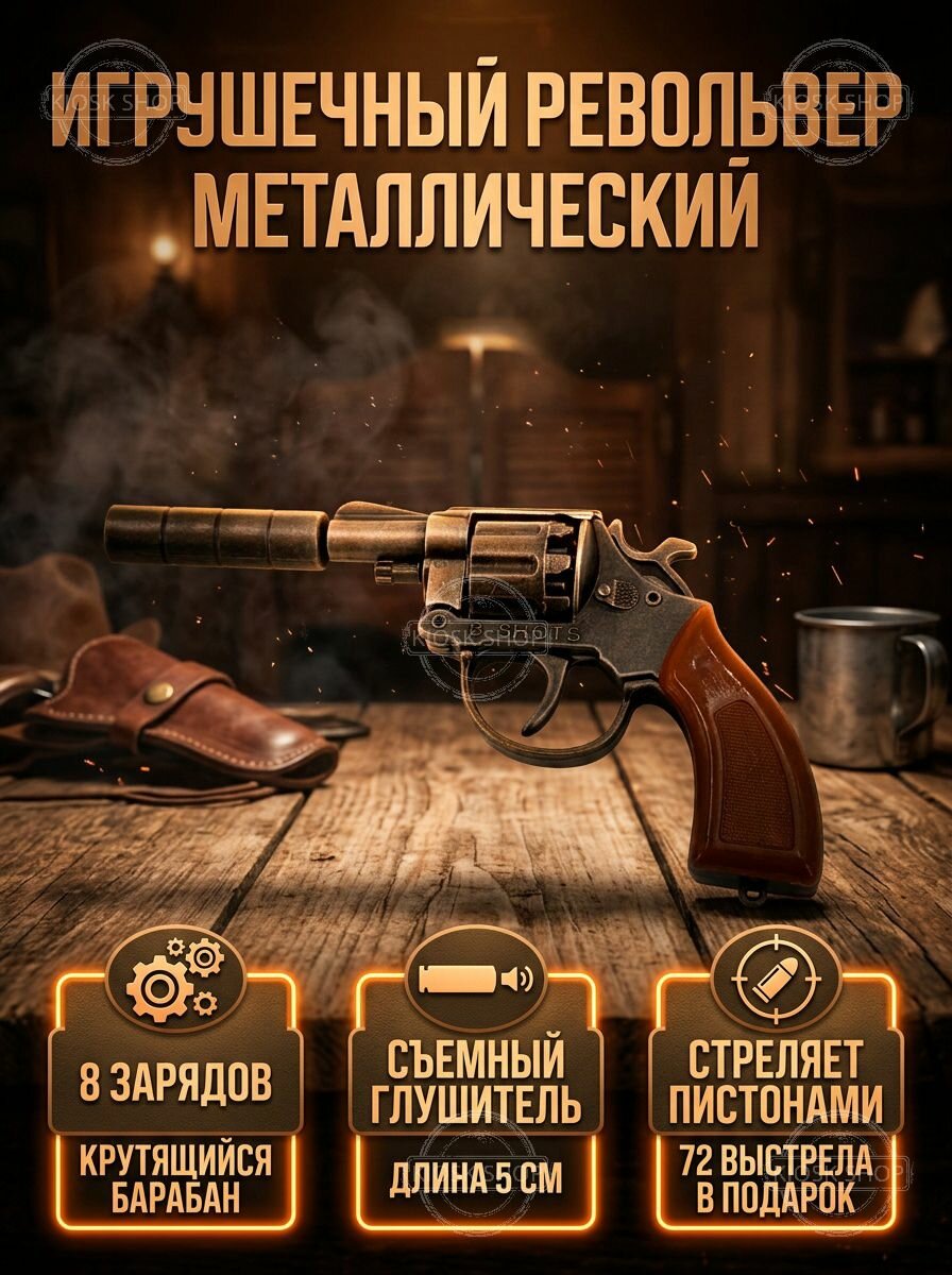 Игрушечный пистолет металлический револьвер для пистонов, подарок мальчику от 8 лет
