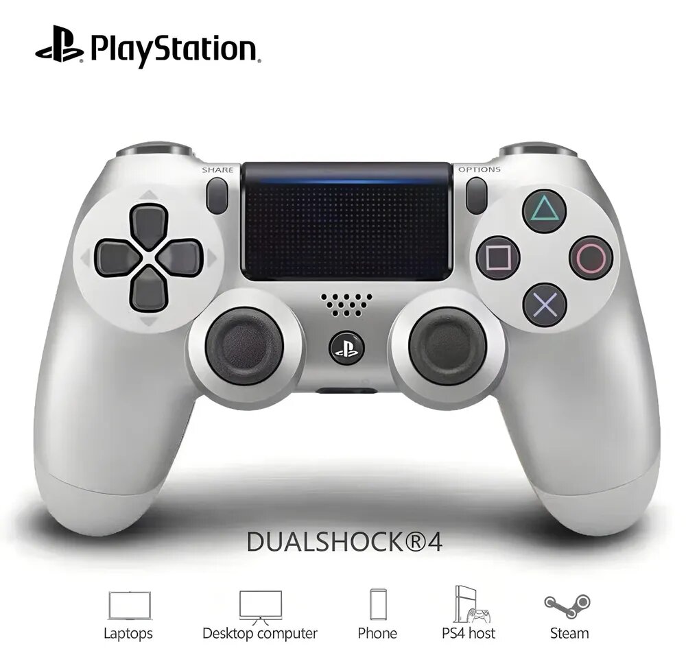 Геймпад DualShock 4 серебристый для PS4, ПК, Android и Steam, беспроводной