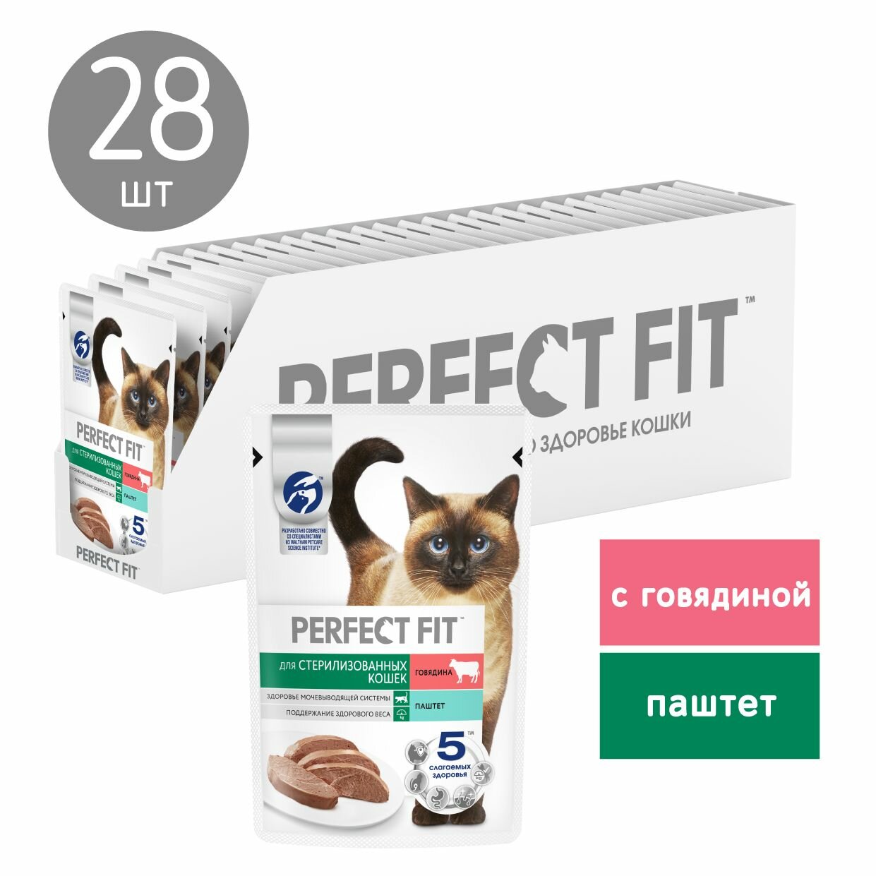 Влажный корм PERFECT FIT для стерилизованных кошек Паштет с говядиной 28шт по 75г