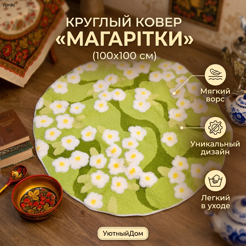 Круглый ковёр с ромашками для дома 100×100 см, мягкий, не скользит