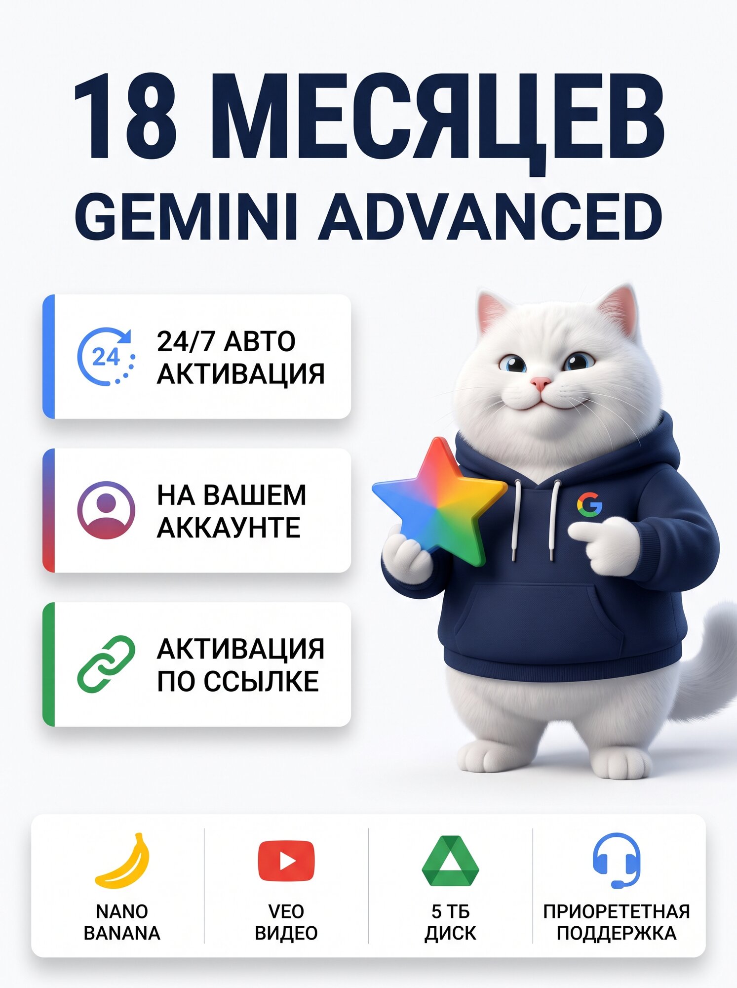 Подписка Gemini Advanced, 5 ТБ Диск, Nano Banana, VEO / Инвайт-ссылка на ваш профиль без пароля / 18 месяцев