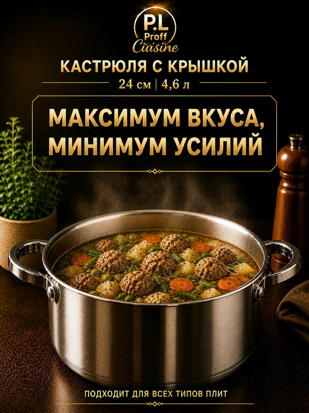Кастрюля 4.6 л с крышкой P.L. Proff Cuisine New Kitchen Honeycombs TRI-PLY, нержавеющая сталь, индукционная, 24 см, антипригарная