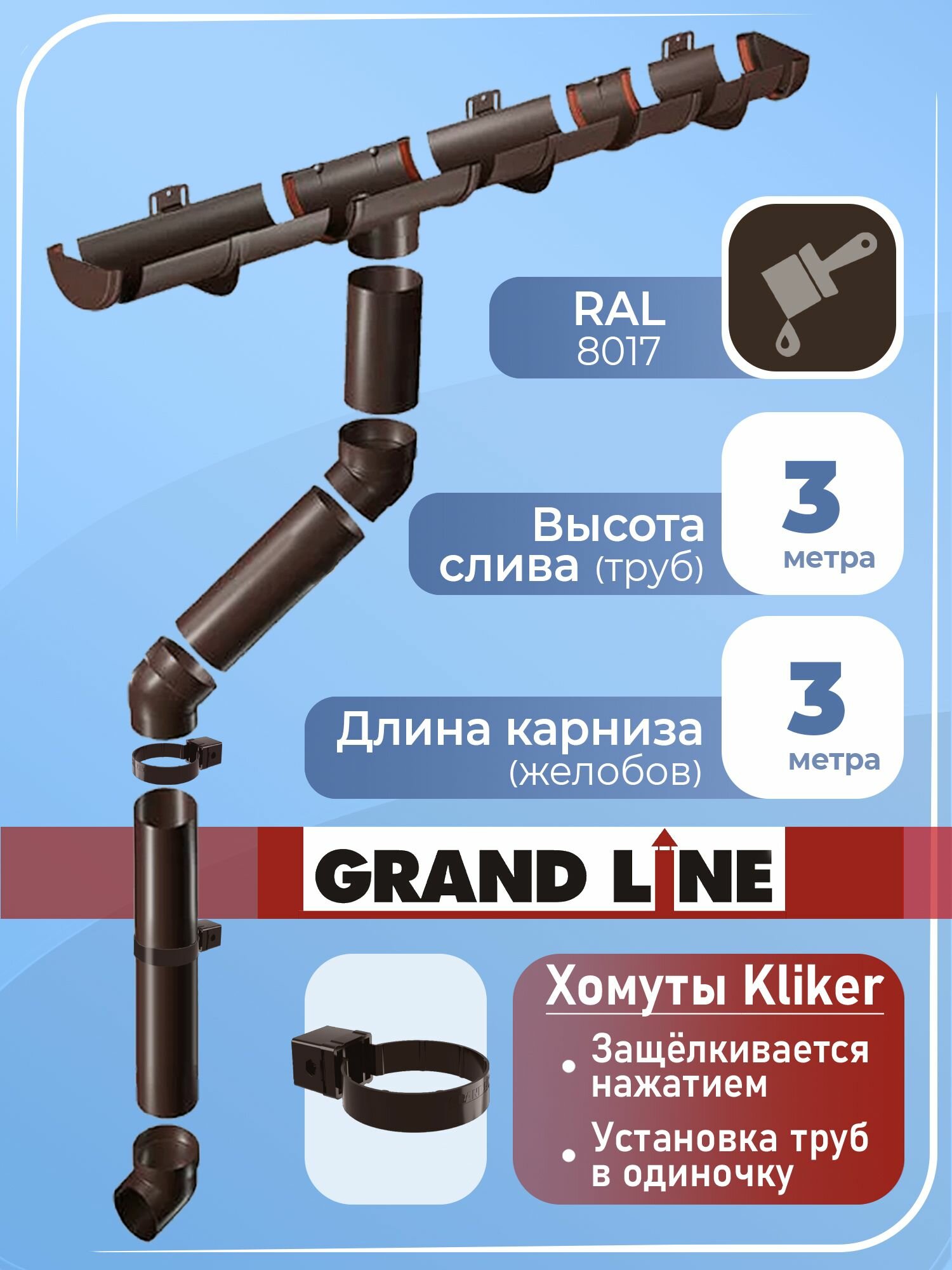 Водосточная система Гранд Лайн Кликер ( 3 м по 1м длина и высота ) RAL 8017 шоколадный 1 слив, с хомутами кликер водосток для крыши пластиковый Grand Line ( 120 мм/ 90 мм ) комплект элементов ПВХ