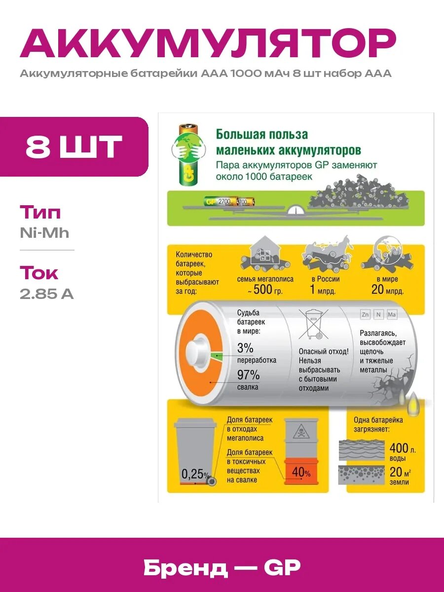 Аккумуляторы AAA 1000 мАч 8 шт набор перезаряжаемых батареек