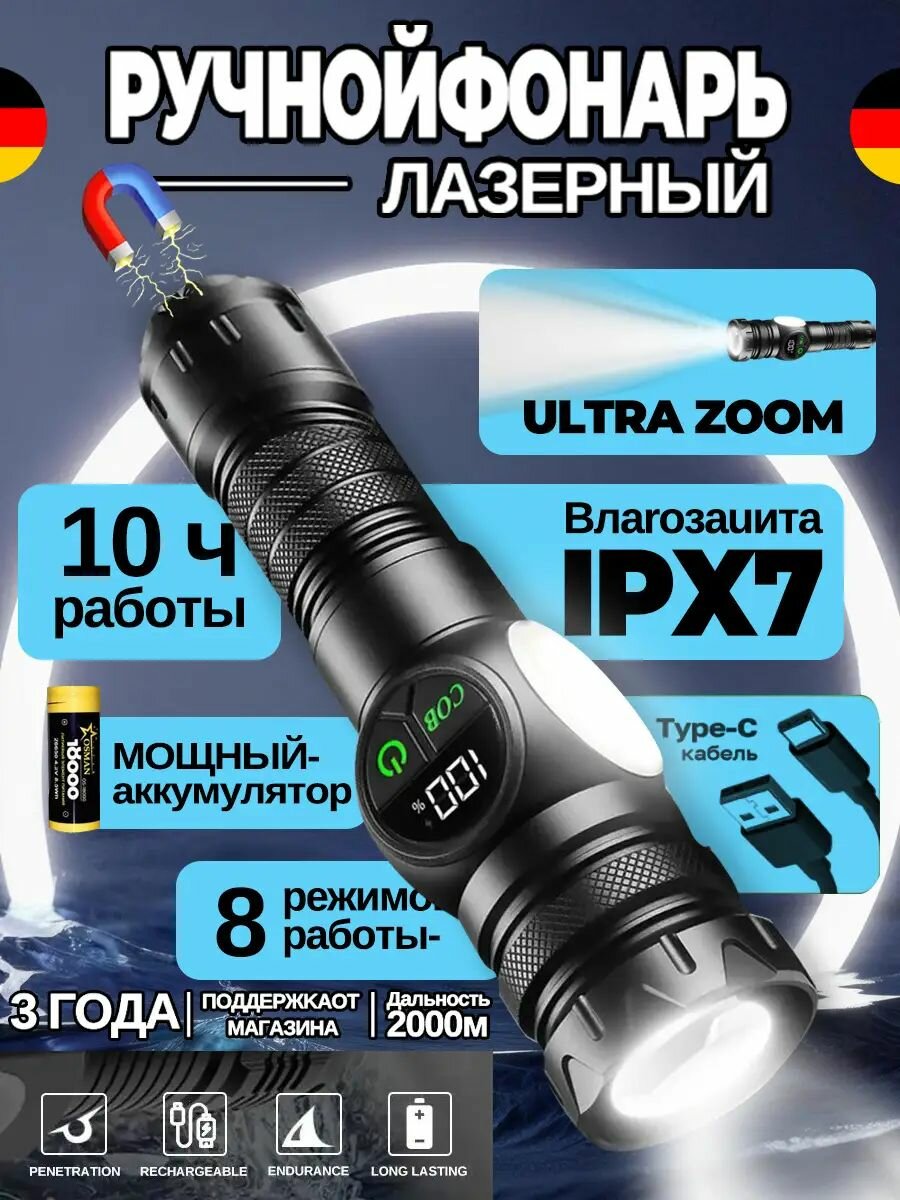 Фонарь ручной аккумуляторный мощный лазерный светодиодный с дисплеем, 12000 люмен, нижний магнитный, для туризма, охоты, экстренных ситуаций и кемпинга-xm