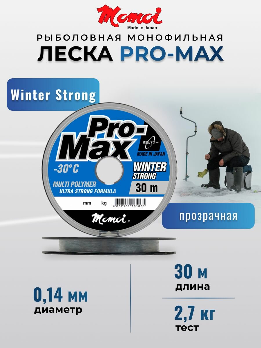 Зимняя леска для рыбалки Momoi Pro-Max Winter Strong 0,14 мм, 2,7 кг, 30 м, для спиннинга, прозрачная 1 шт