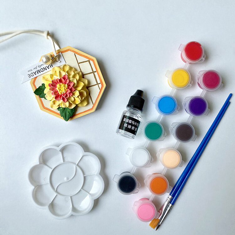 DIY Пион белый гипсовый рельефный рисунок с жемчужной нитью, эфирным маслом, 12 цветами, палитрой