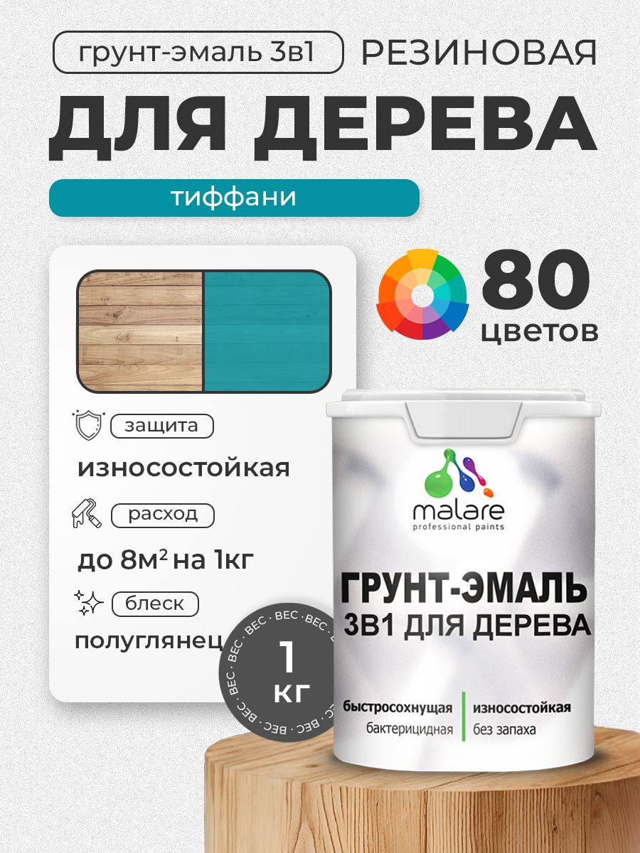 Резиновая Грунт-Эмаль 3 в 1 Malare для деревянных поверхностей/ краска по дереву с антисептическим эффектом/ быстросохнущая моющаяся без запаха полуглянцевая, тиффани, 1 кг