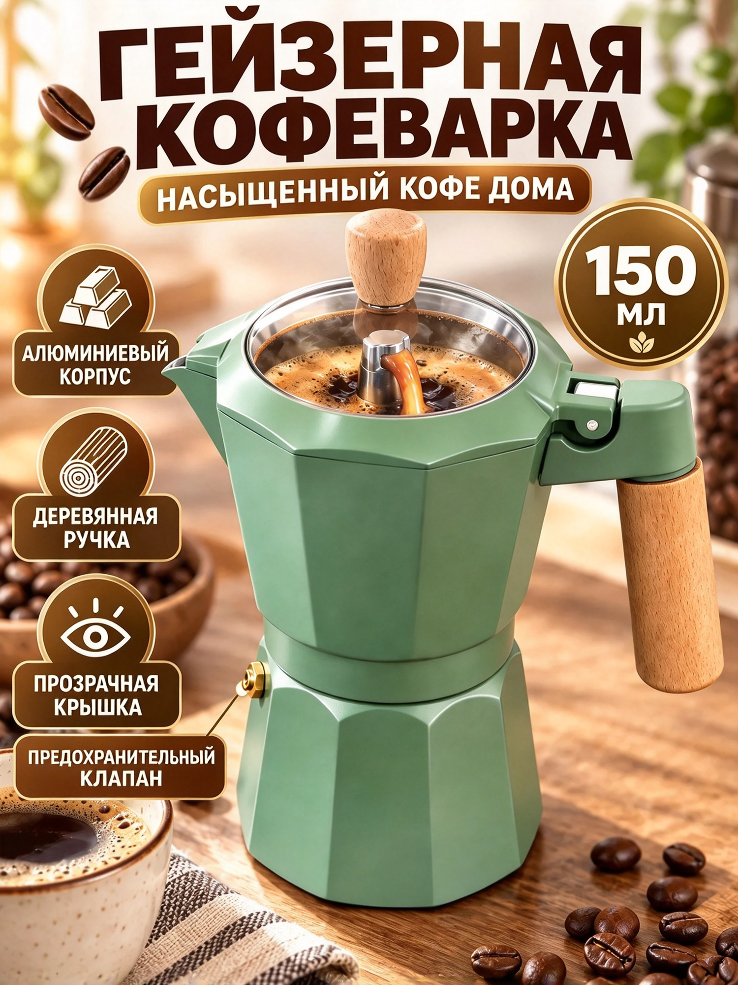 Гейзерная кофеварка 150 миллилитров, светло-зеленая, с прозрачной крышкой, из алюминиевого сплава