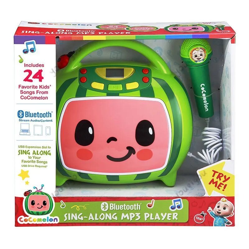 Jazwares Cocomelon sing-along MP3 player /Караоке-машина , Портативная колонка Bluetooth для вечеринок с микрофоном для детей, встроенными песнями и динамиком с USB-портом для воспроизведения музыки