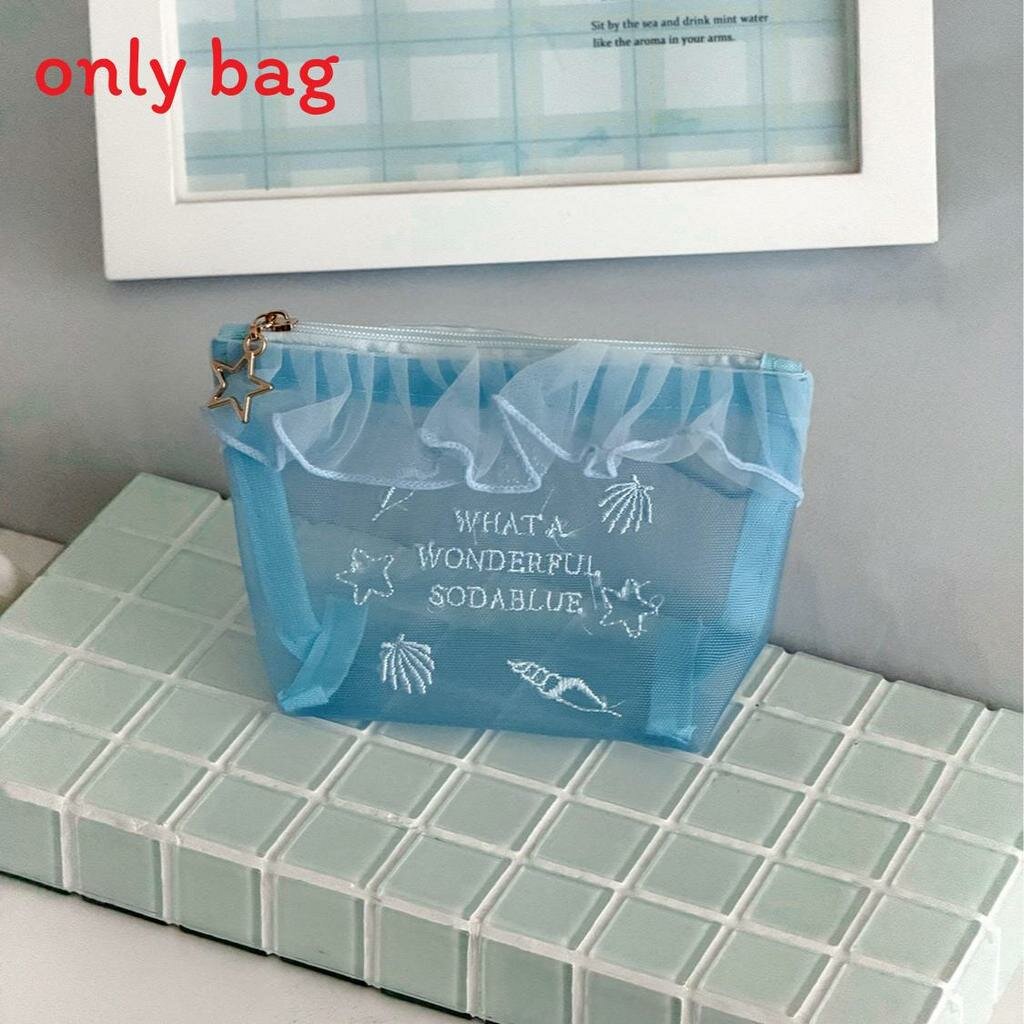Red nylon travel makeup pouch with openwork design and zipper closure for teen girls, blue small