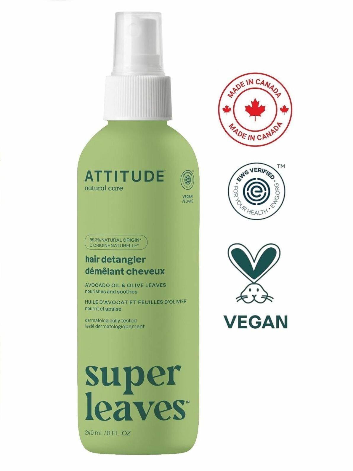 ATTITUDE Спрей Кондиционер для распутывания волос Avocado oil & Olive leaves (Масло авокадо и Листья оливы) 240 мл, Канада