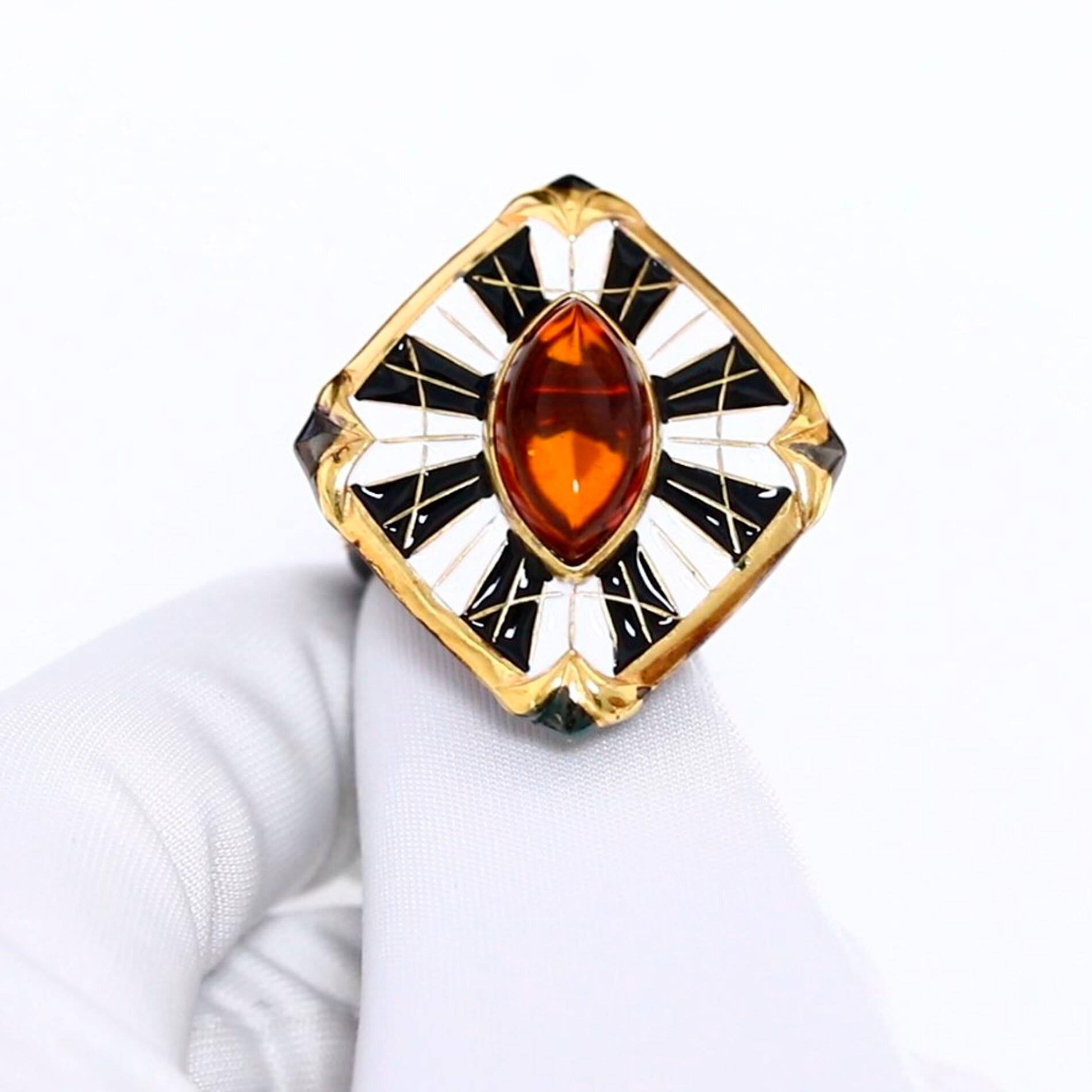 Кольцо, серебро, 925 проба, золочение, эмаль, янтарь