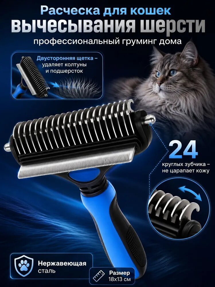 Расческа для кошек вычесывания шерсти, двусторонний дешеддер-колтунорез, щетка для груминга собак с прорезиненной ручкой 24 зубчика.