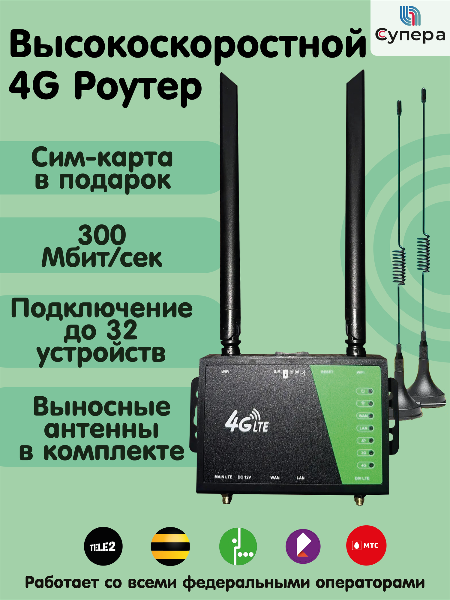 Роутер 4G, с выносными антеннами, 300 мбит/с, с сим-картой, подарок