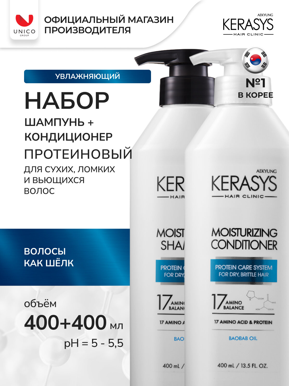 Kerasys Набор шампунь и кондиционер для волос Увлажняющий CLINIC 2х400 мл, для кудрявых и вьющихся волос, Корея
