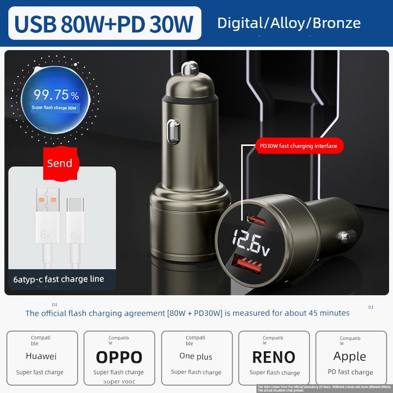 80W PD30W медно-сплавный цифровой дисплей автомобильный зарядный блок с кабелем 6A/TYPE-C