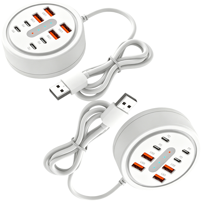 Зарядная док-станция 8 портов (4 USB-A + 4 USB-C) 66W, белый круглый настольный USB-хаб, 2 шт.