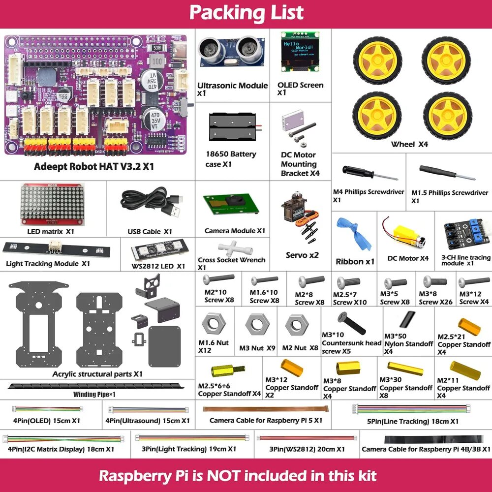 Adeept 4WD Smart Car Kit для Raspberry Pi 5/4B/3B/3B+ (доска не включена), отслеживание линии, отслеживание света, избежание препятствий, сервомотор