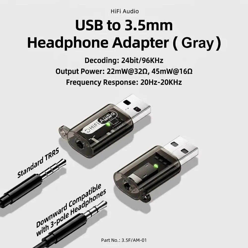 Аудиоадаптер LMDAOO USB A на 3,5 мм Серый, Black