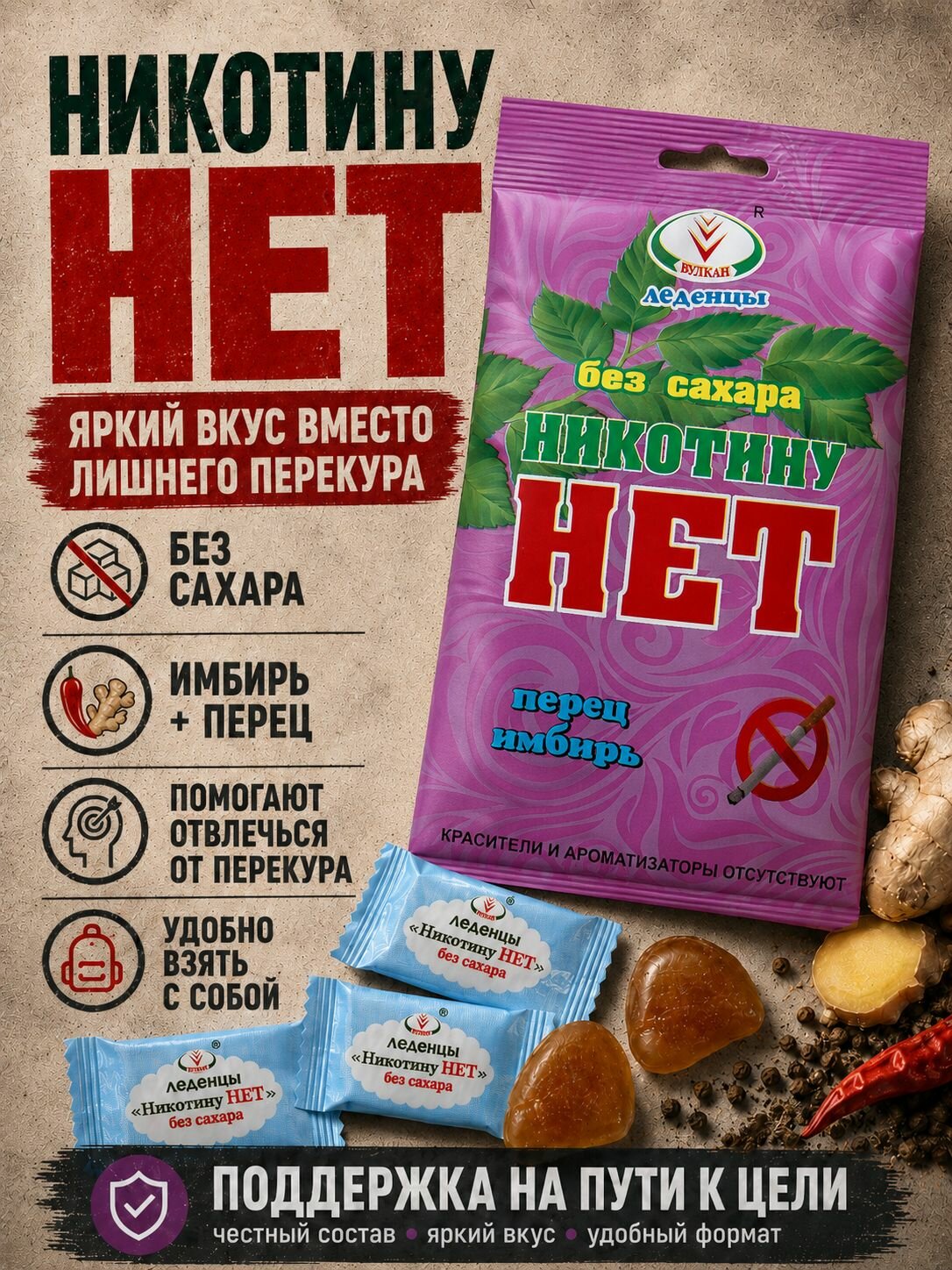 Леденцы без сахара от курения Никотину нет.