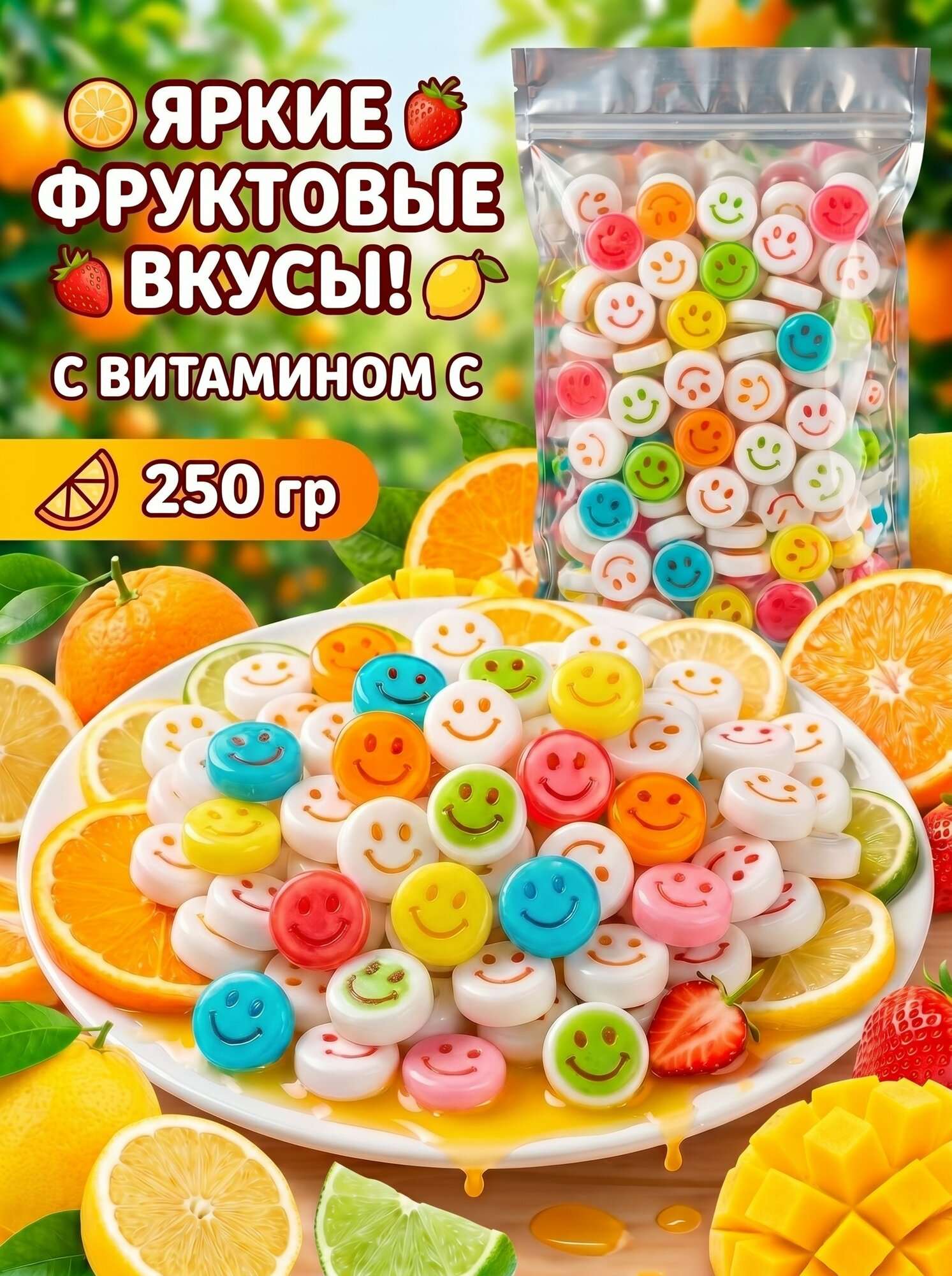 Леденцы фруктовые с витамином C, разноцветные конфеты-смайлики, 250 г