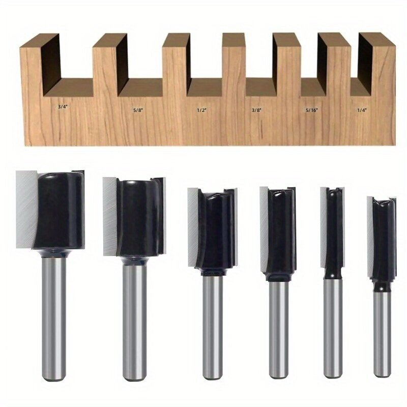 Набор прямых фрез 6 шт, хвостовик 1/4", двузубые, диаметры 3/4", 5/8", 1/2", 3/8", 5/16", 1/4