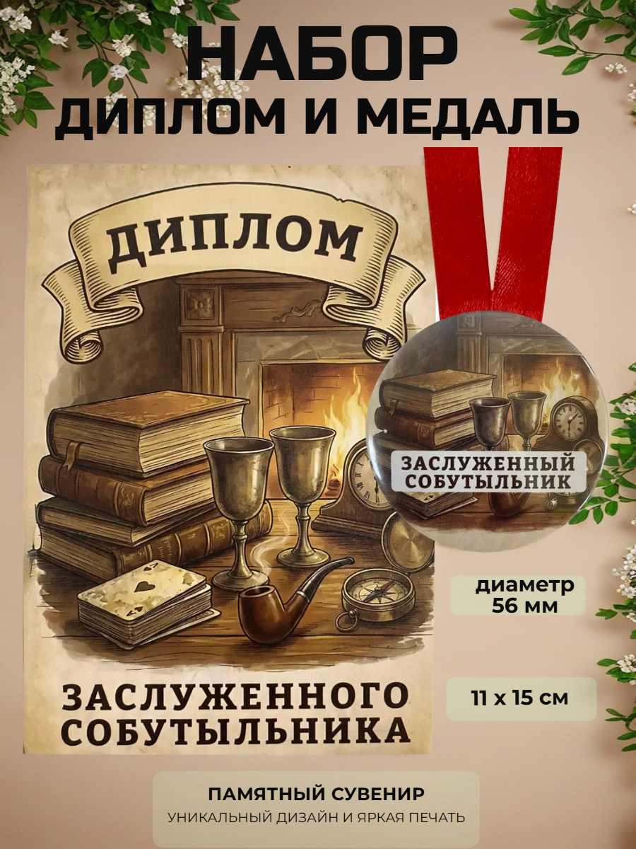 Шуточный диплом "Заслуженного собутыльника" и сувенирная медаль с атласной лентой, подарочный набор