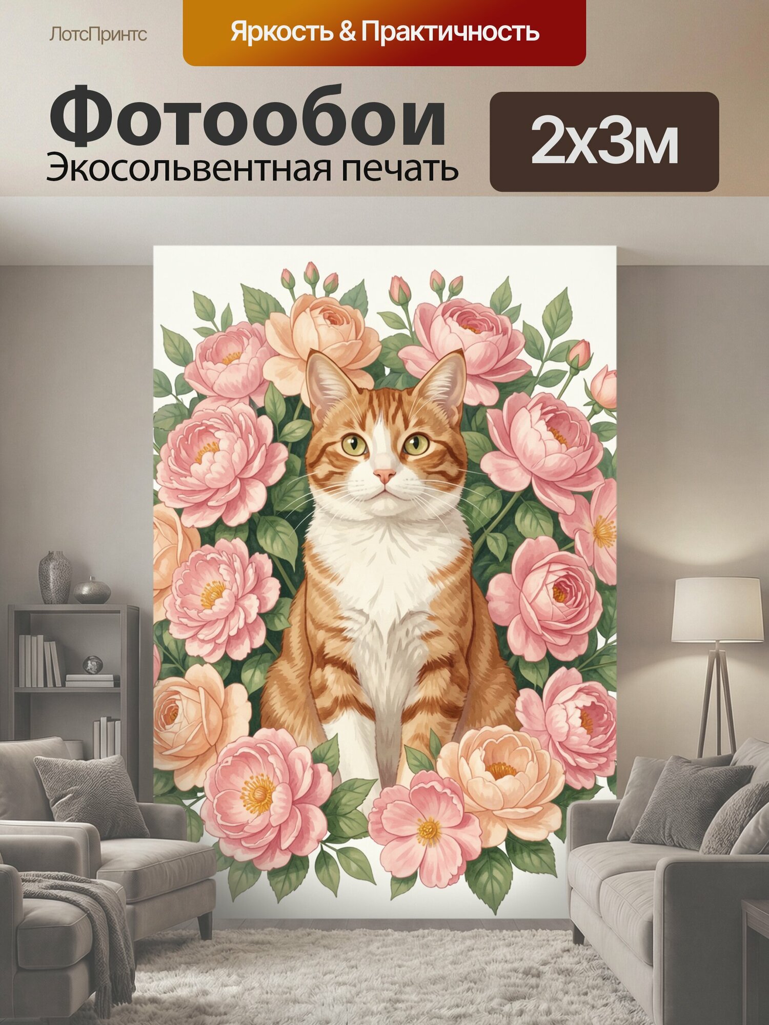 Фотообои "Рыжий кот в венке из роз. Рыжий кот с белыми пятнами в центре цветочного круга: розовые и персиковые пионы и розы, зелёные листья." 200x300 см. экосольвентная печать