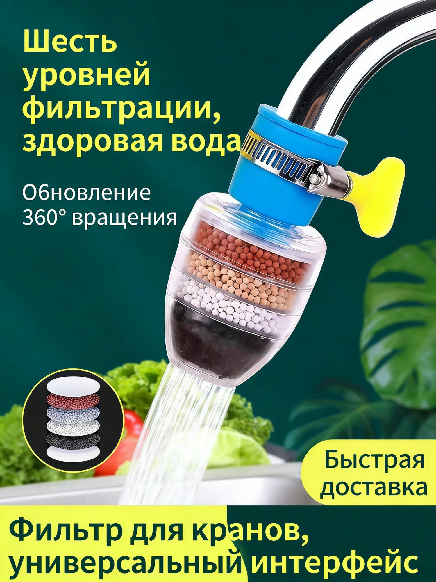 Фильтр для крана 6 ступеней очистки, для кухни и дома, антибрызг, экономия воды, универсальный очиститель воды, 1 шт насадка-фильтр проточный очиститель для раковины
