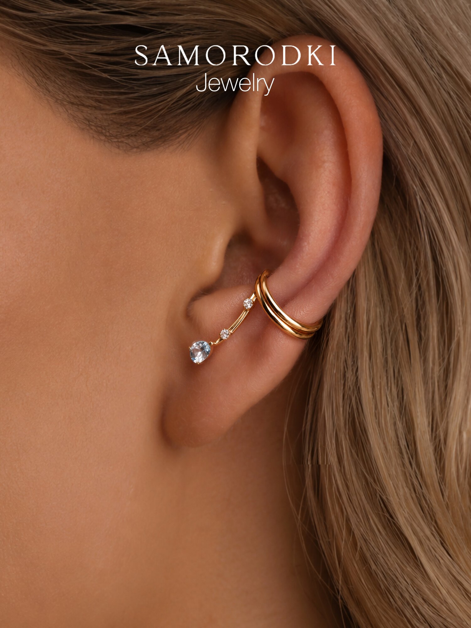 Кафф SamoroDki Jewelry, серебро, 925 проба, золочение, фианит, топаз, размер 19 мм, длина 1.9 см — фото 1