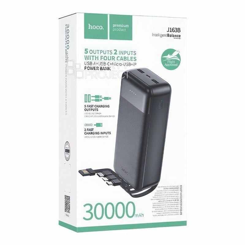 Внешний АКБ HOCO J163B Wonderful 30000 mAh, 2xUSB, 1xUSB-C, 3А, инт. кабель USB/USB-C/Micro USB/Lighnting 8-pin (черный)