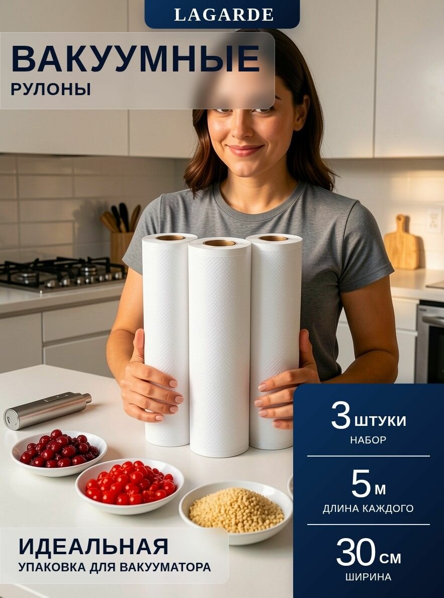 Пакеты для вакууматора рифленые, для хранения и заморозки продуктов/ приготовление сувид прозрачные 30 * 500, 3 рулона сувид заморозка рулоны