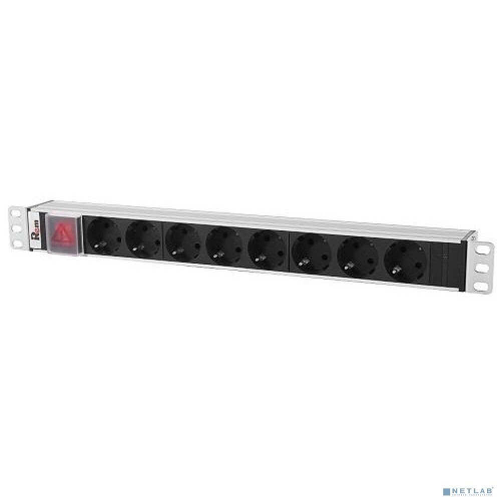 REM Блок розеток Rem-10 с выкл, 8 Schuko, 10 A, алюм, 19", шнур 1.8 м. 1,8 IEC 60320 C14 (R-10-8S-V-440-1.8)