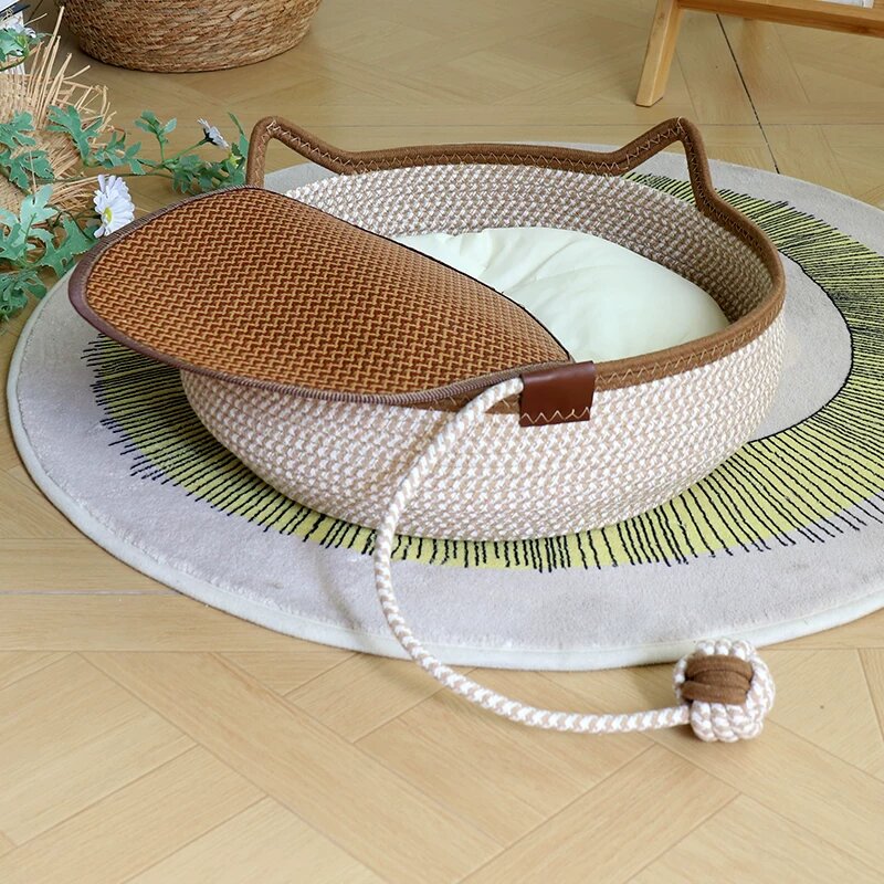 Кошачья кровать-гнездо с игрушечным шаром + хлопковой подстилкой + охлаждающим матом - светлобурый, малый (диаметр 35