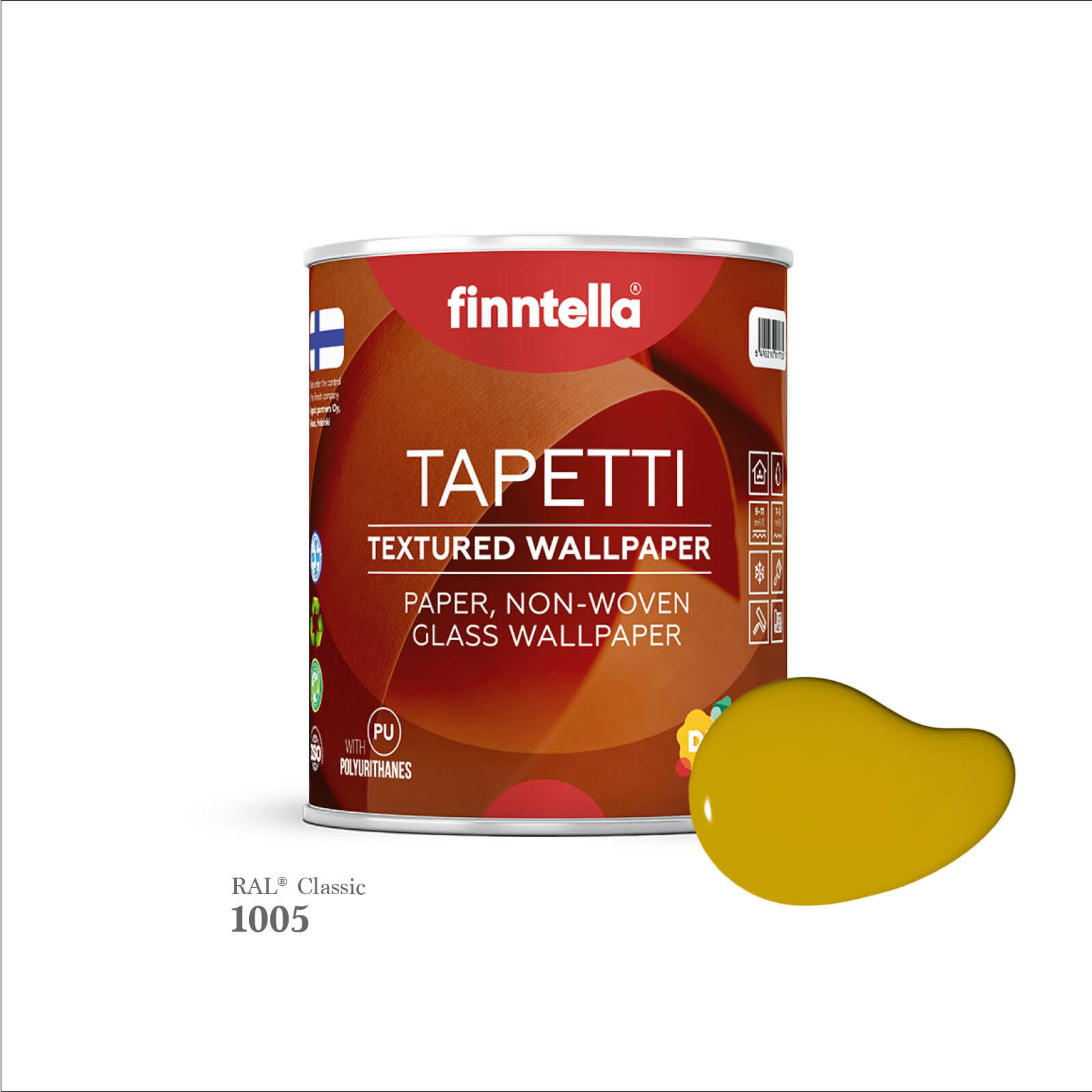 Шелковисто-матовая краска для обоев под окраску TAPETTI SILKKI Matta FINNTELLA, Цвет RAL 1005 Медово-желтый ( Honey yellow), 0,9л
